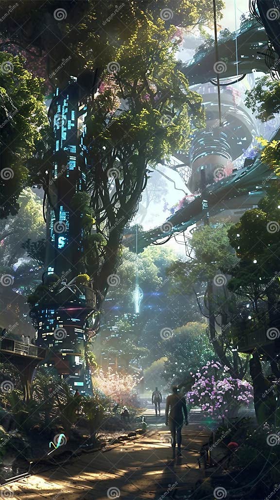 A Futuristic Forest with Large, High-tech Trees Displaying Digital Code ...