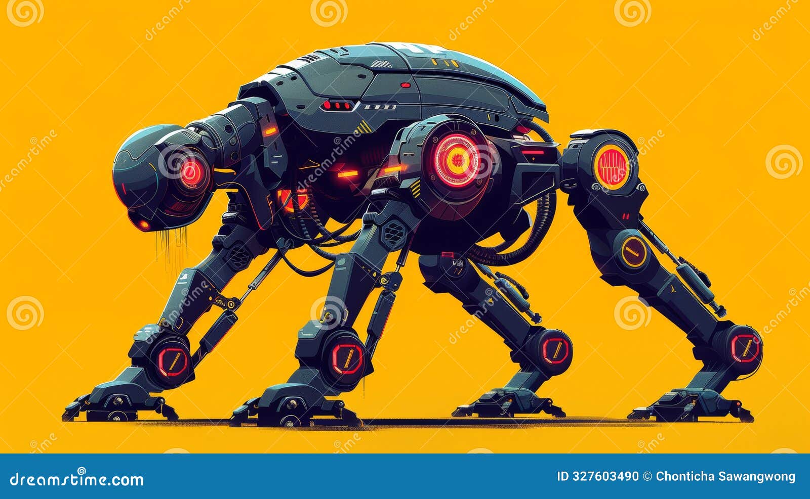 A Futuristic, Four-legged Robot with Glowing Red Eyes Stands on a ...