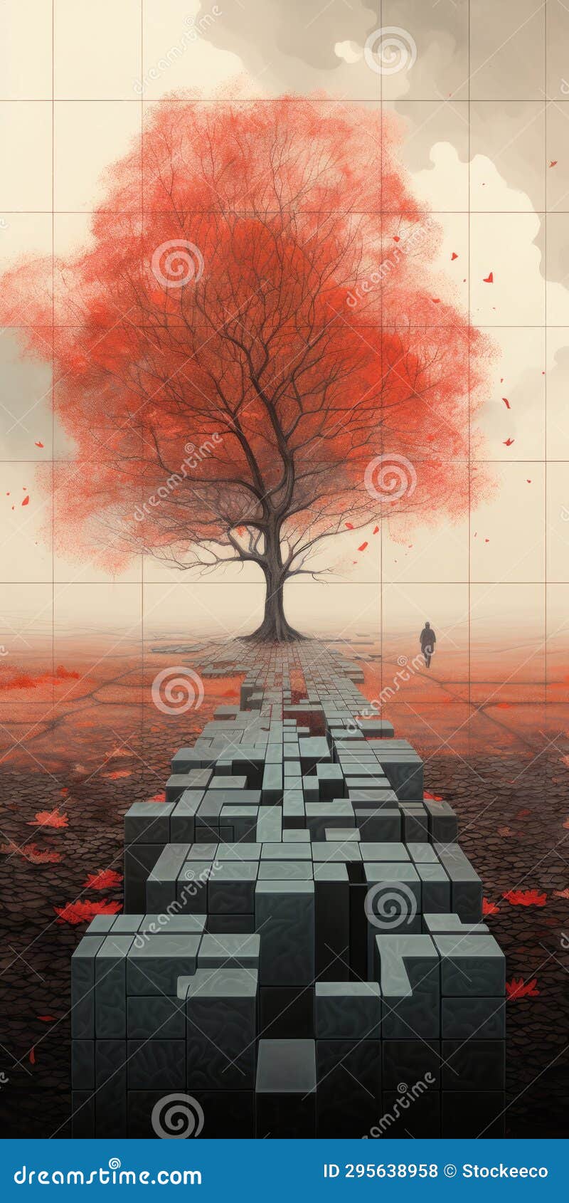 Futuristic Fragmentation a Red Tree in Hyperrealistic Illustration ...