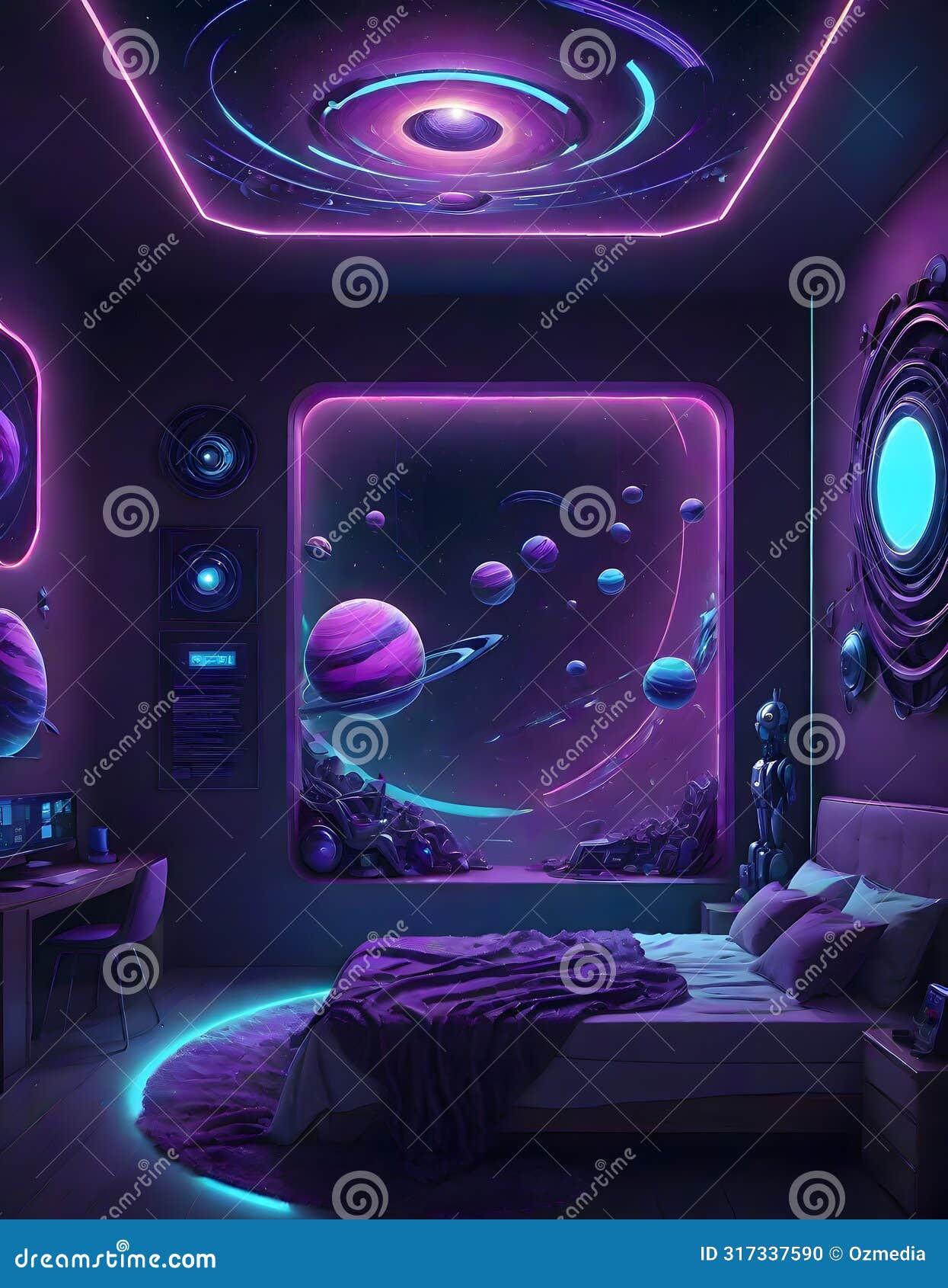 Futuristic Galactic Themed Empty Room with Circular Patterns on the ...