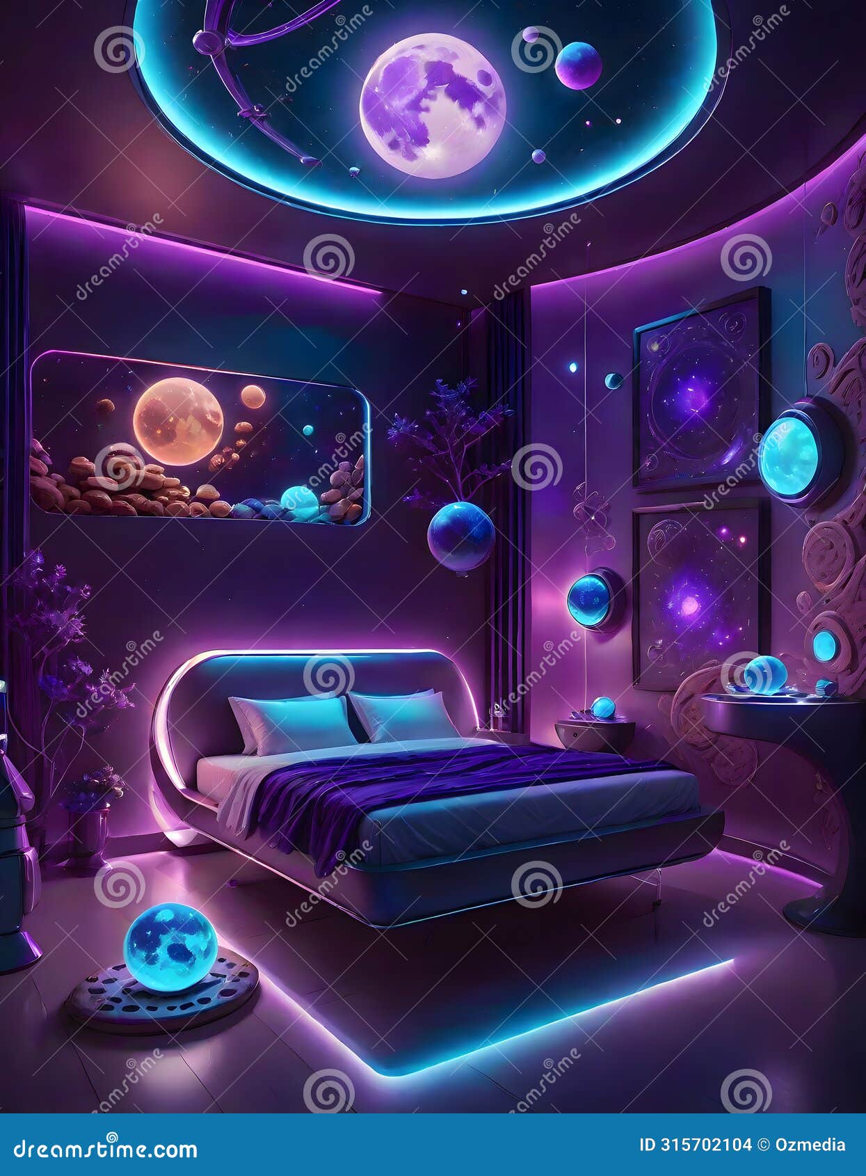 Futuristic Galactic Themed Empty Room with Circular Patterns on the ...