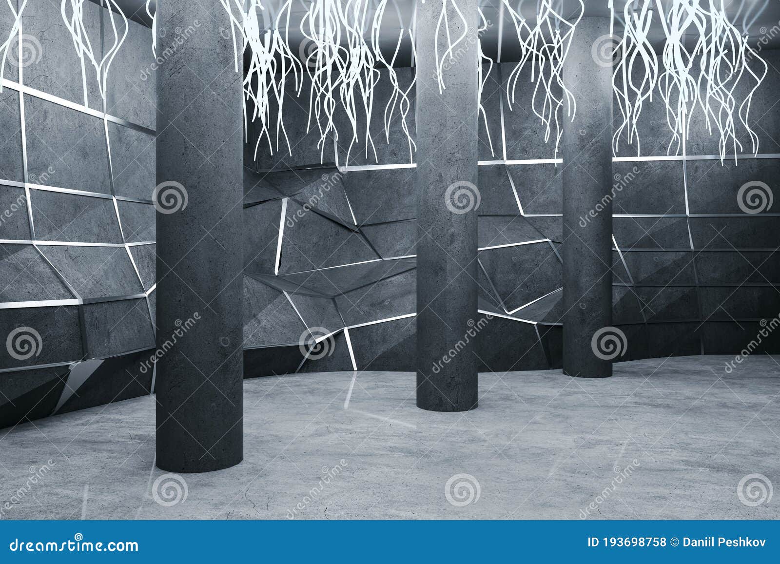 Futuristic Gallery Interior with Polygonal Wall Stock Illustration ...