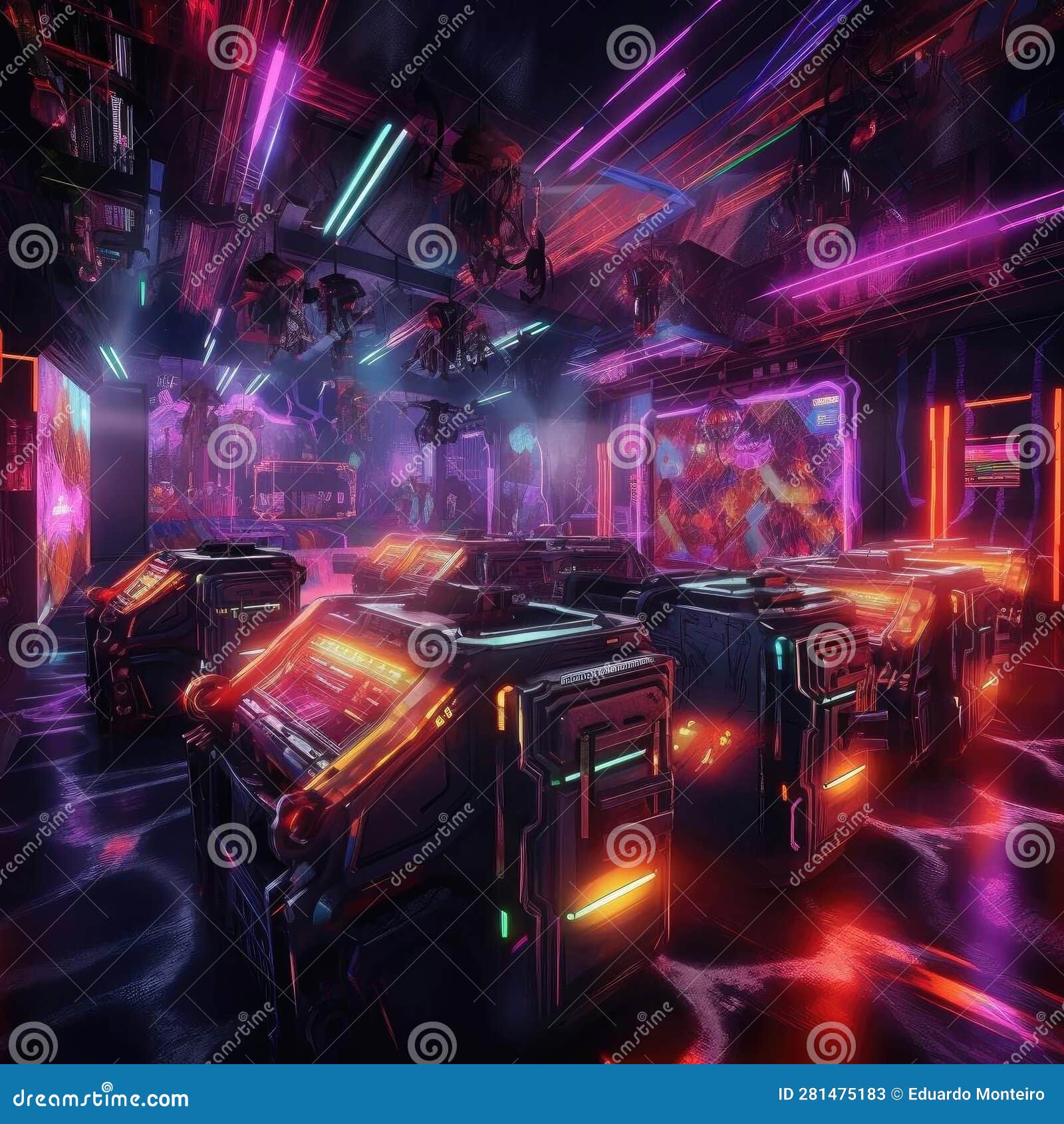 Futuristic Game Room with Colorful Neon Lights Stock Illustration ...