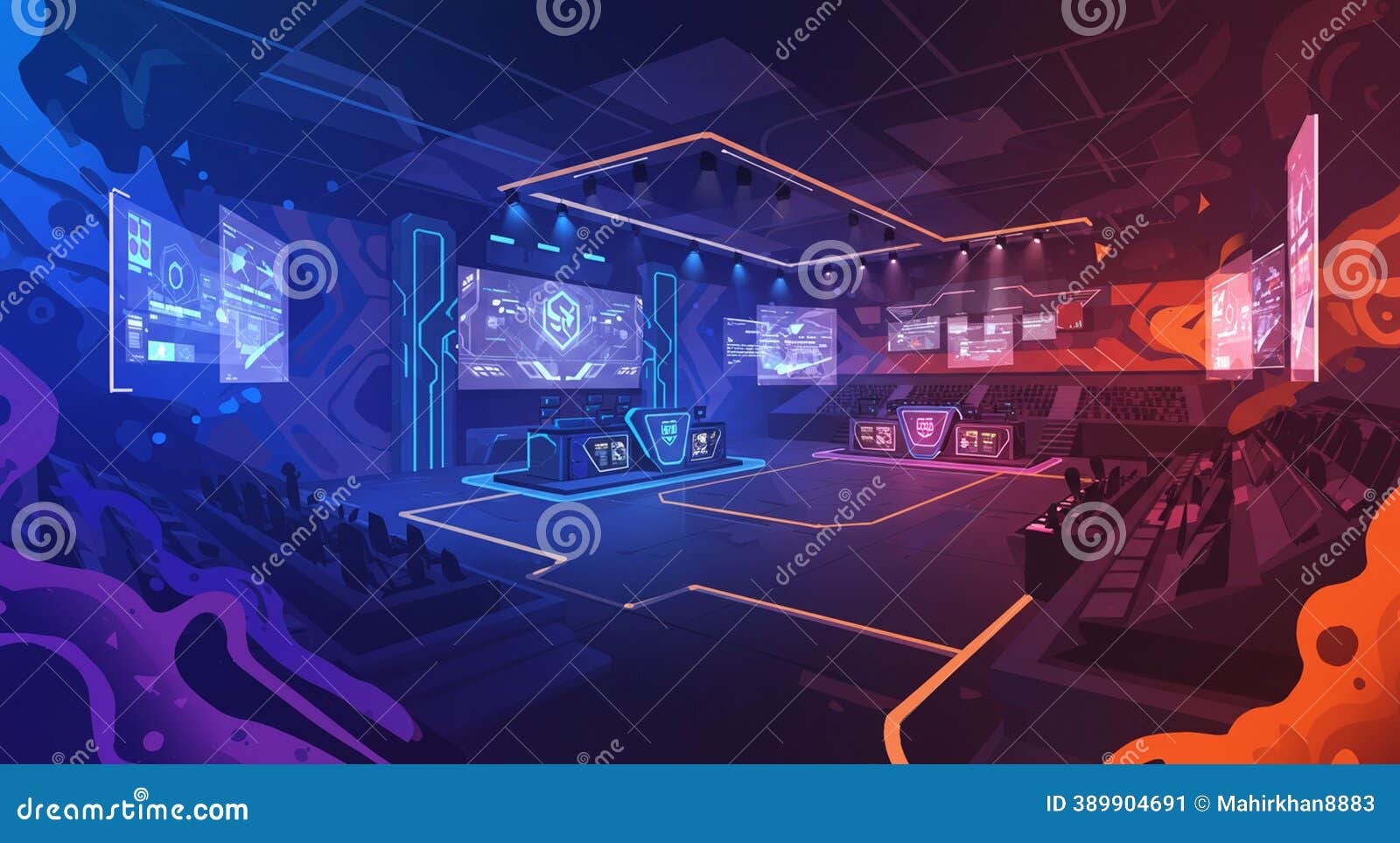 Futuristic Gaming Hub: 3D Rendering Of Spaceship Interior With Control Room, TV Screens, And LED ...