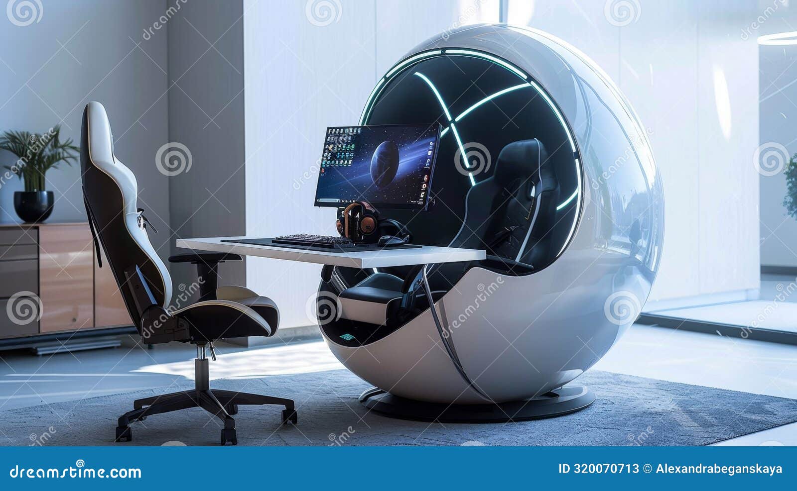 Futuristic Gaming Chair and Workstation Setup in Modern Interior Stock ...