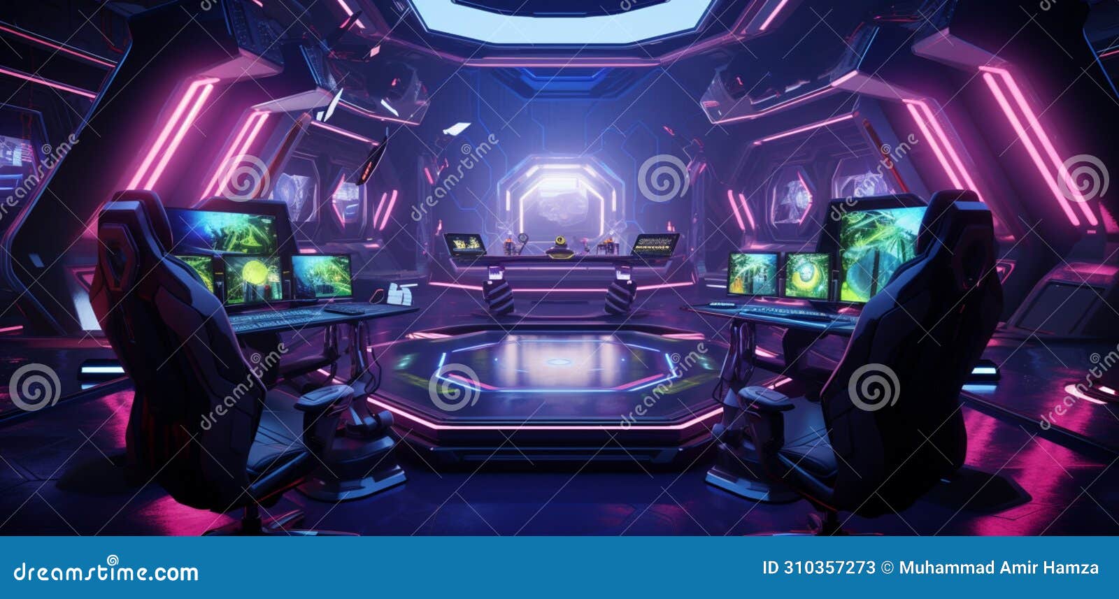 A Futuristic Gaming Room with a 3D Sci-fi Wall Pattern in Neon Colors ...