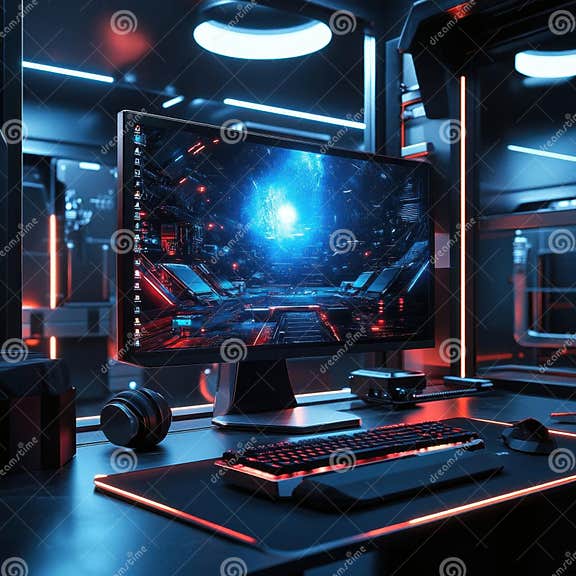 Futuristic Gaming Setup with RGB Lighting Stock Illustration ...