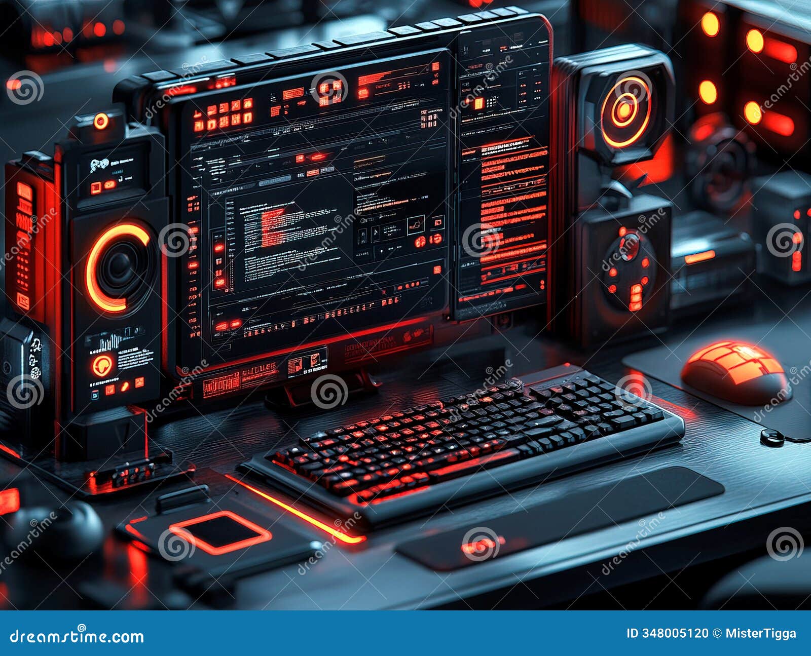 A Futuristic Gaming Setup with Sleek Design, Red LED Lighting, and Two ...