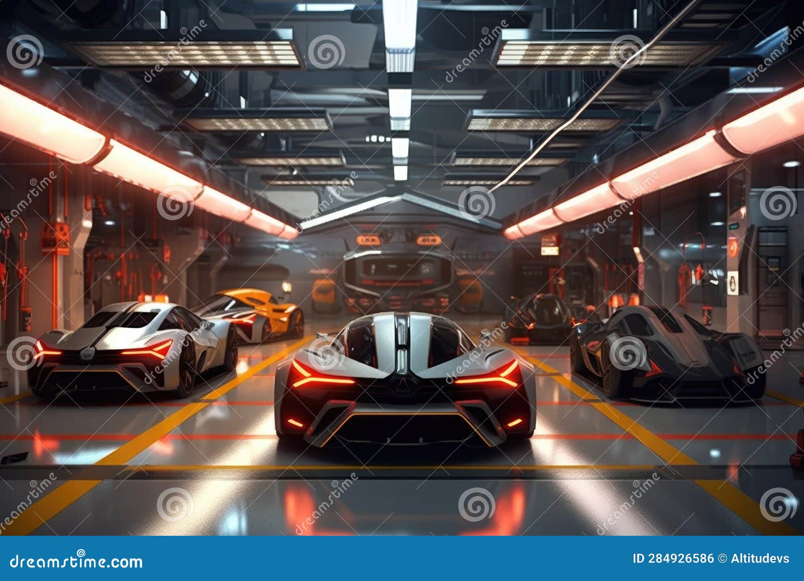Futuristic Garage Showcasing Lineup of Concept Vehicles Stock Photo ...