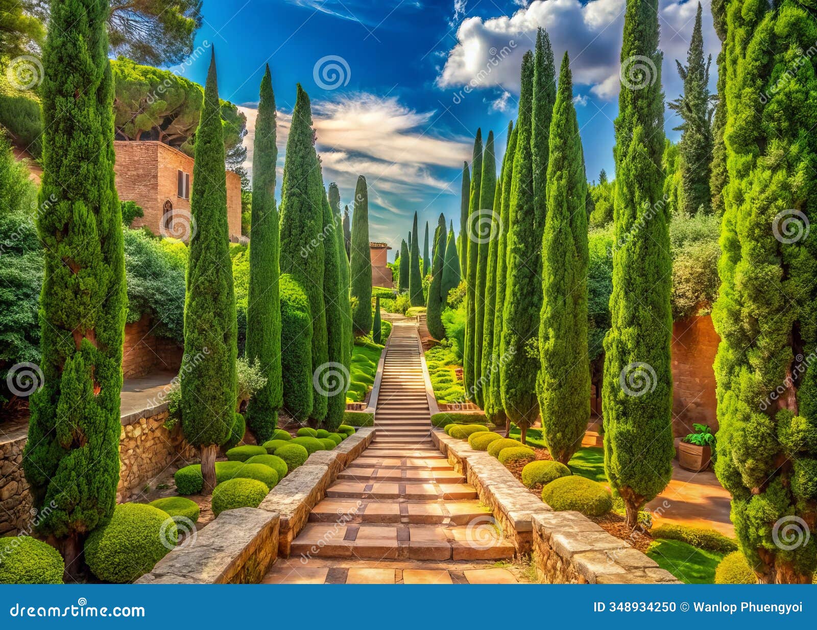 Futuristic Garden of Babylon: Ancient Cypress Trees, Rust-Colored Paths ...