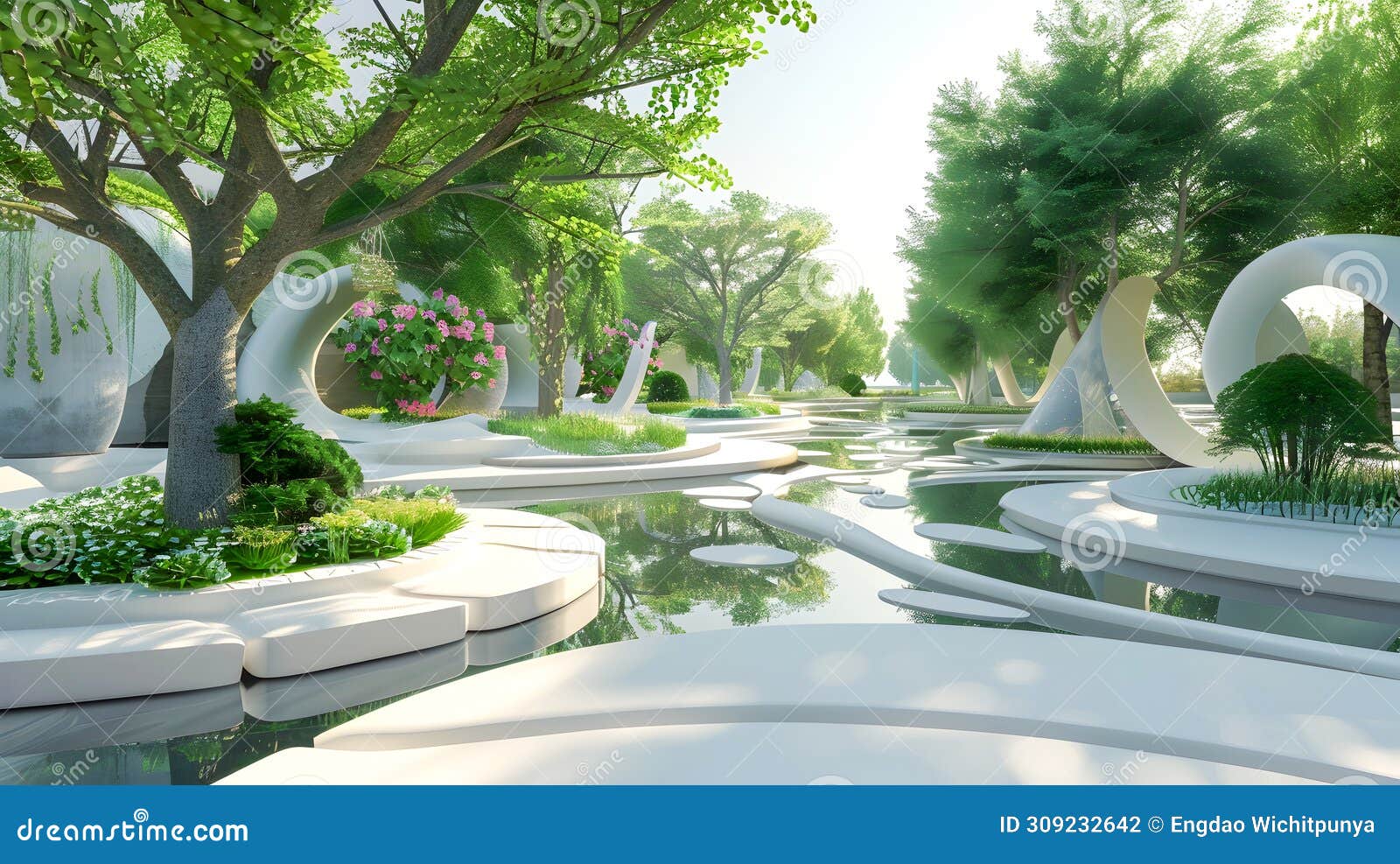Futuristic Garden Landscape with Trees and Water Stock Illustration ...