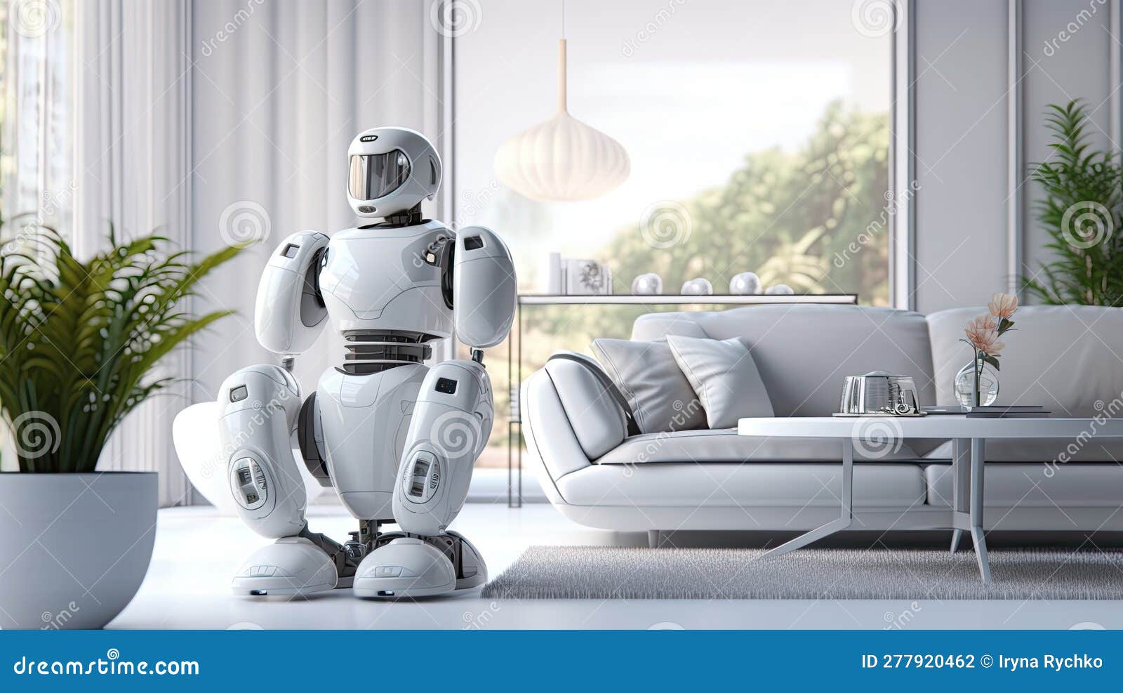 Futuristic Smart Home Robot Assistant Device in Living Room, AI ...