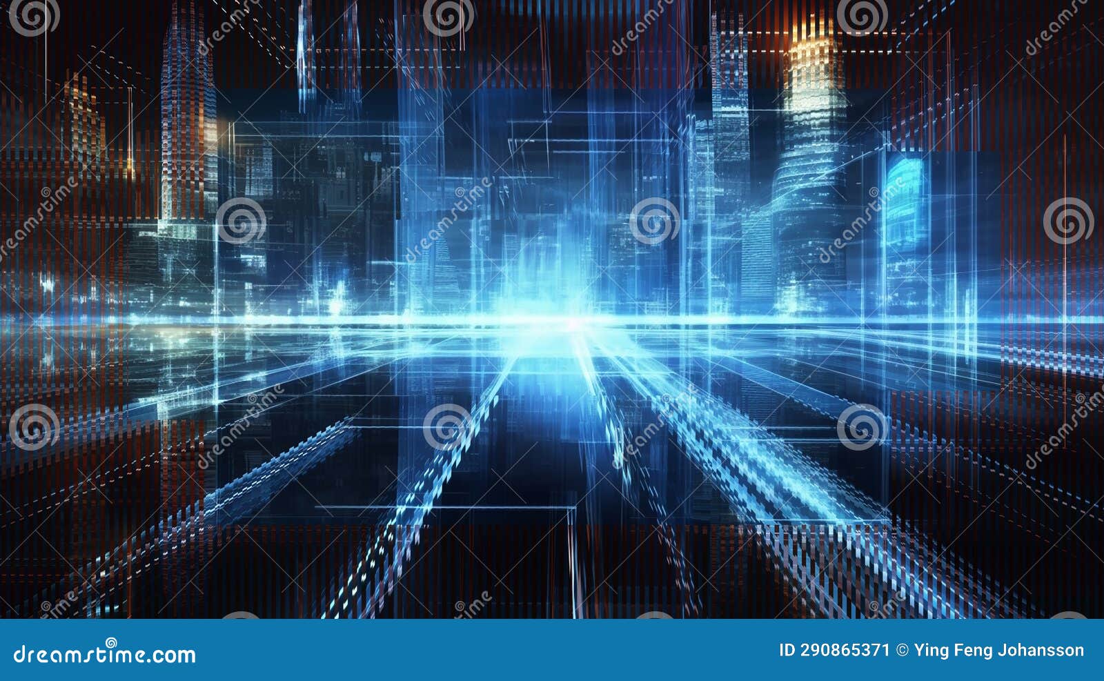 Futuristic Geometric City of Blue and Red Light, Reflection Stock ...