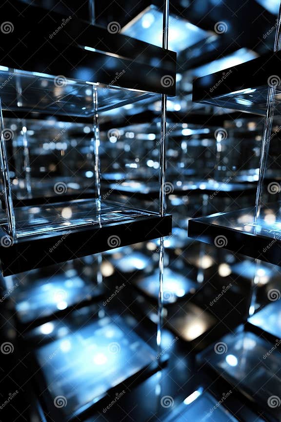 Futuristic Glass Cube Structure with Blue Led Lighting in Dark ...