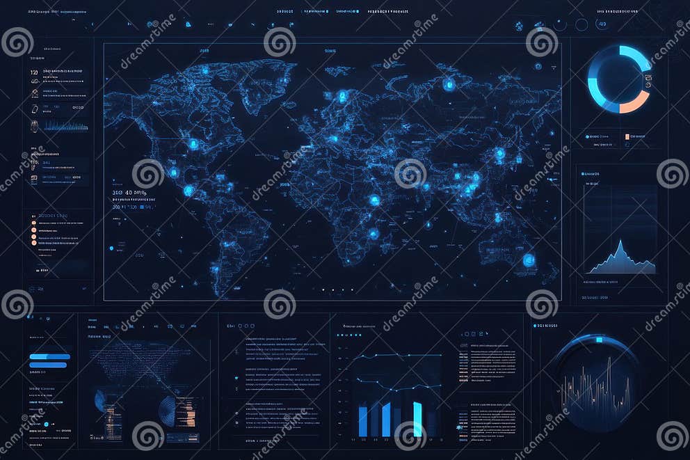 Futuristic Global Network Control Panel Displaying World Map and Data Analysis Stock ...