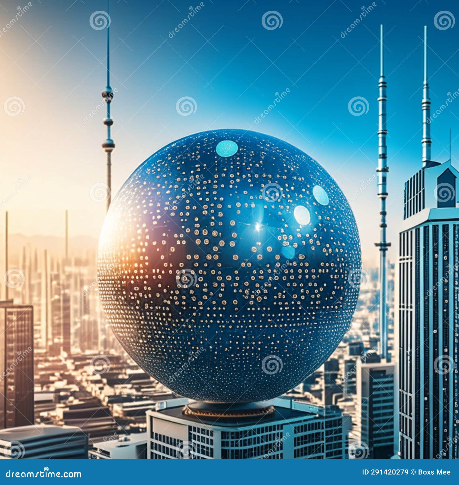 Futuristic Globe with Binary Code and City Skyline. 3d Rendering ...