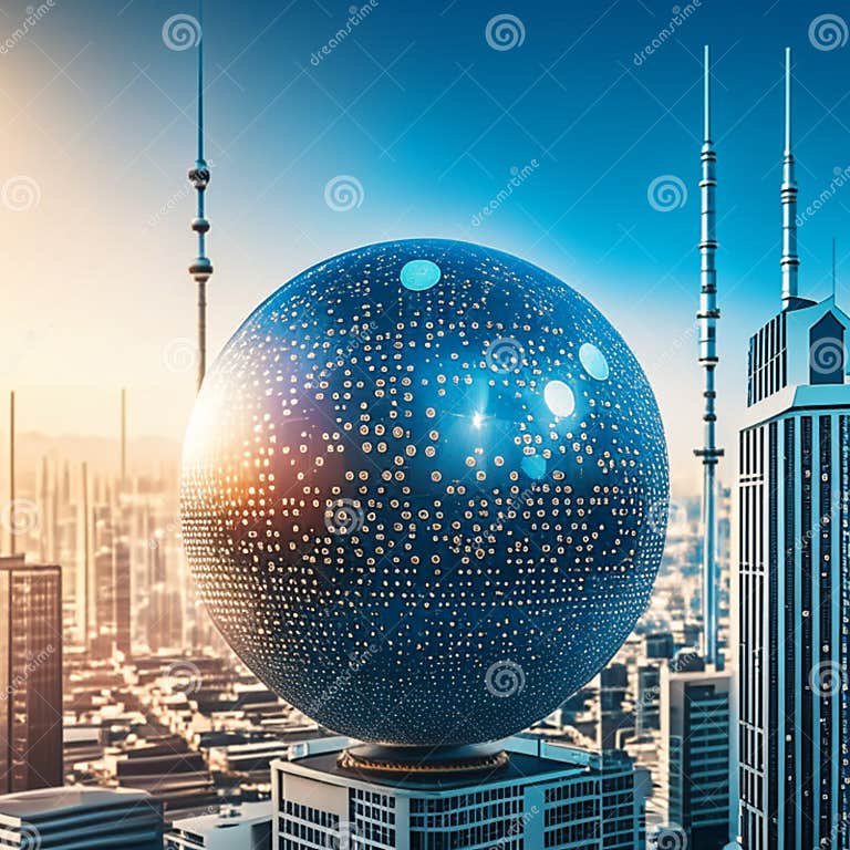Futuristic Globe with Binary Code and City Skyline. 3d Rendering ...