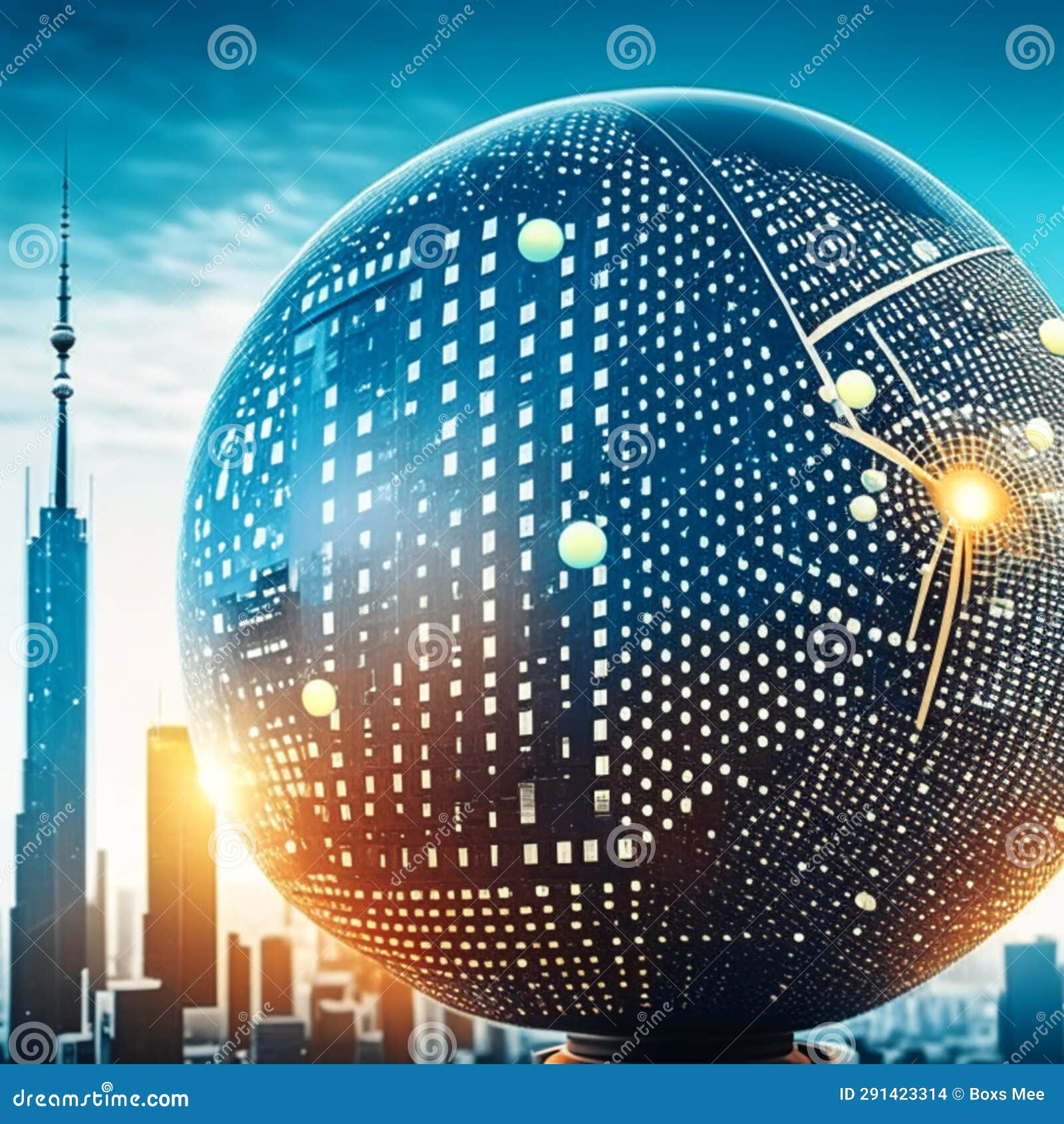 Futuristic Globe With Microcircuits And City Background. 3d Rendering ...