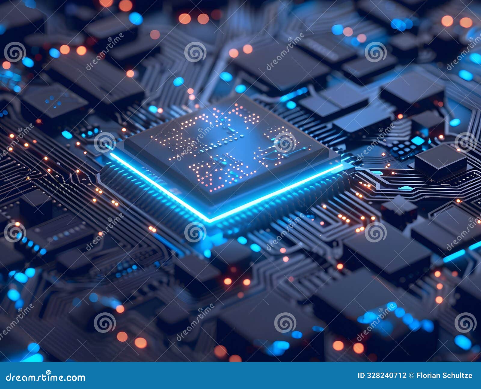 Futuristic Glowing AI Chip with Blue Neon Circuits Stock Illustration ...