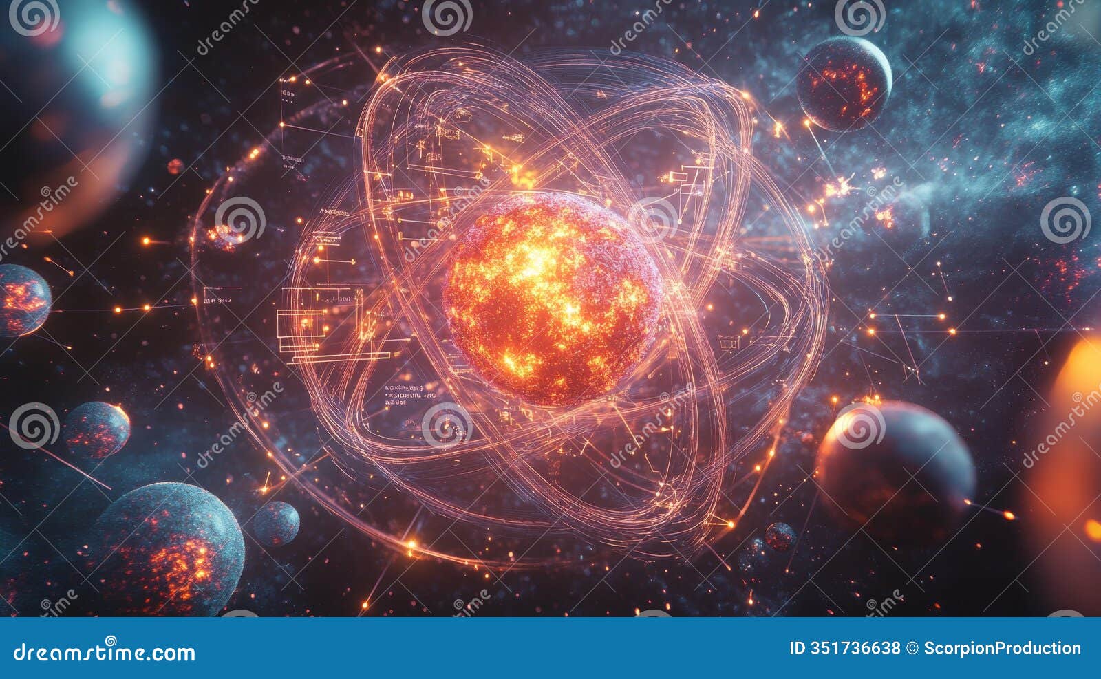 Futuristic Glowing Atom Surrounded by Orbiting Particles Stock Photo ...