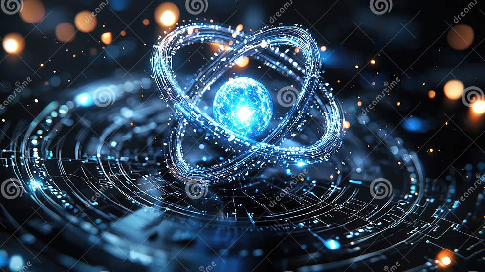 Futuristic Glowing Atomic Structure with Blue Energy Particles and ...