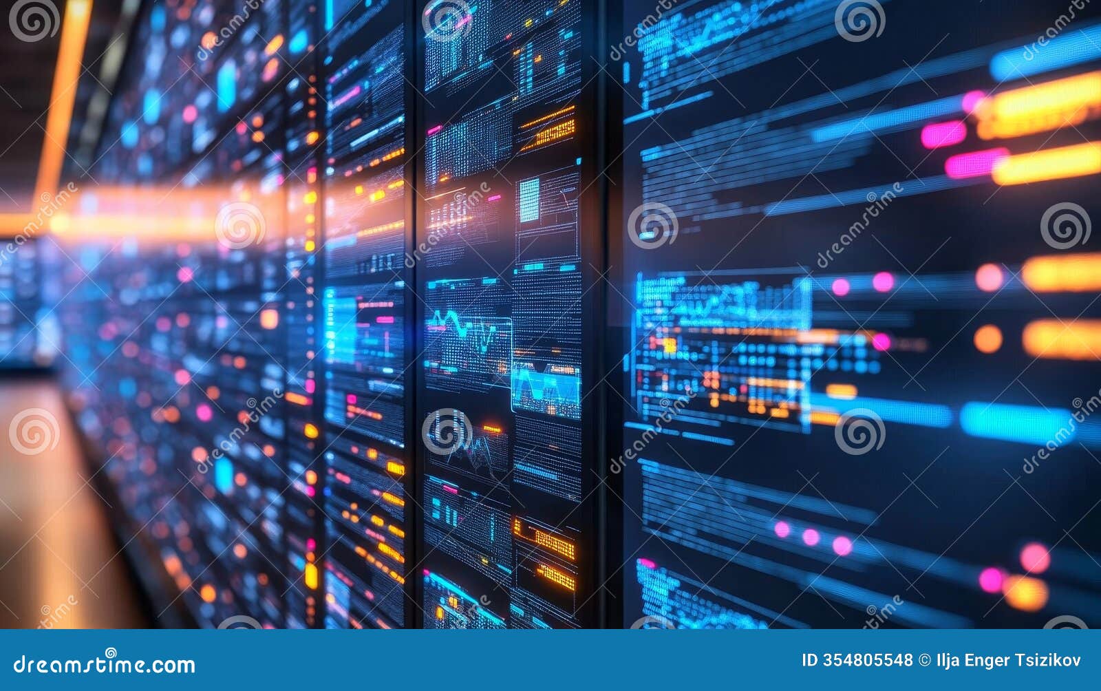 Futuristic Glowing Blue Server Room Technology Background, Big Data and ...