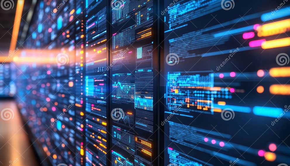 Futuristic Glowing Blue Server Room Technology Background, Big Data and ...