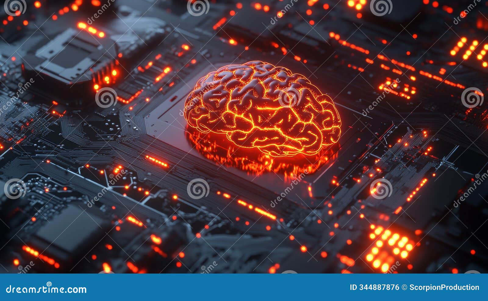 Futuristic Glowing Brain on a Computer Motherboard Stock Photo - Image ...