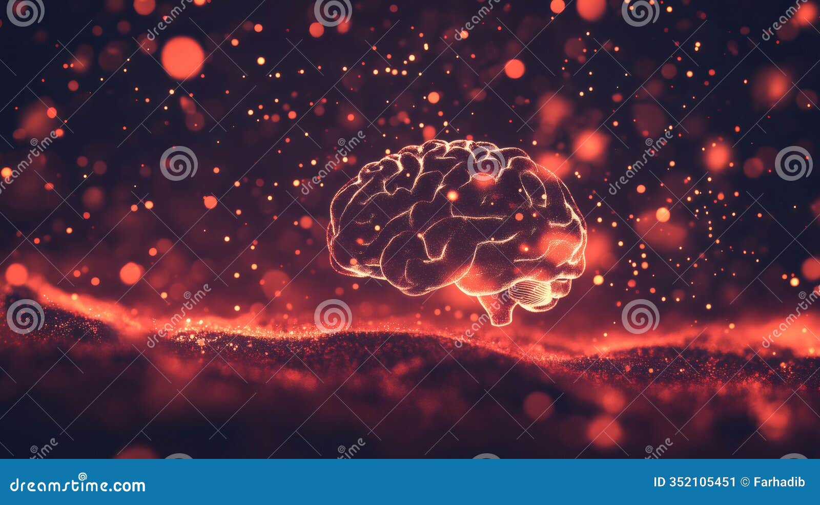 Futuristic Glowing Brain Implant Floating On Red Particles Background ...