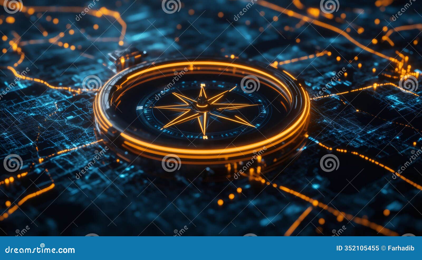 Futuristic Glowing Compass Pointing North on Digital City Map Stock ...