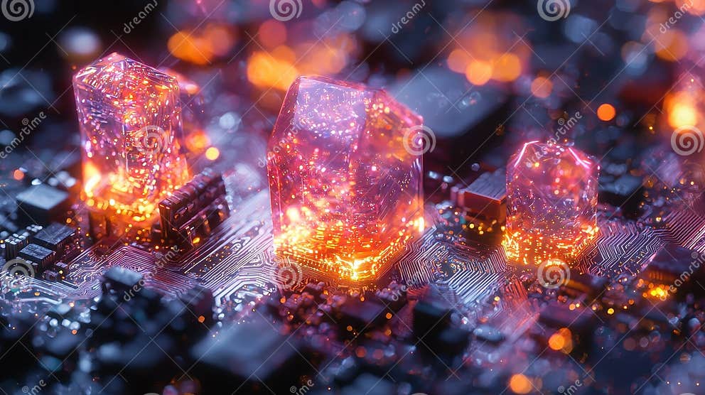 Futuristic Glowing Crystal Structures on a Circuit Board Stock Photo - Image of technology ...