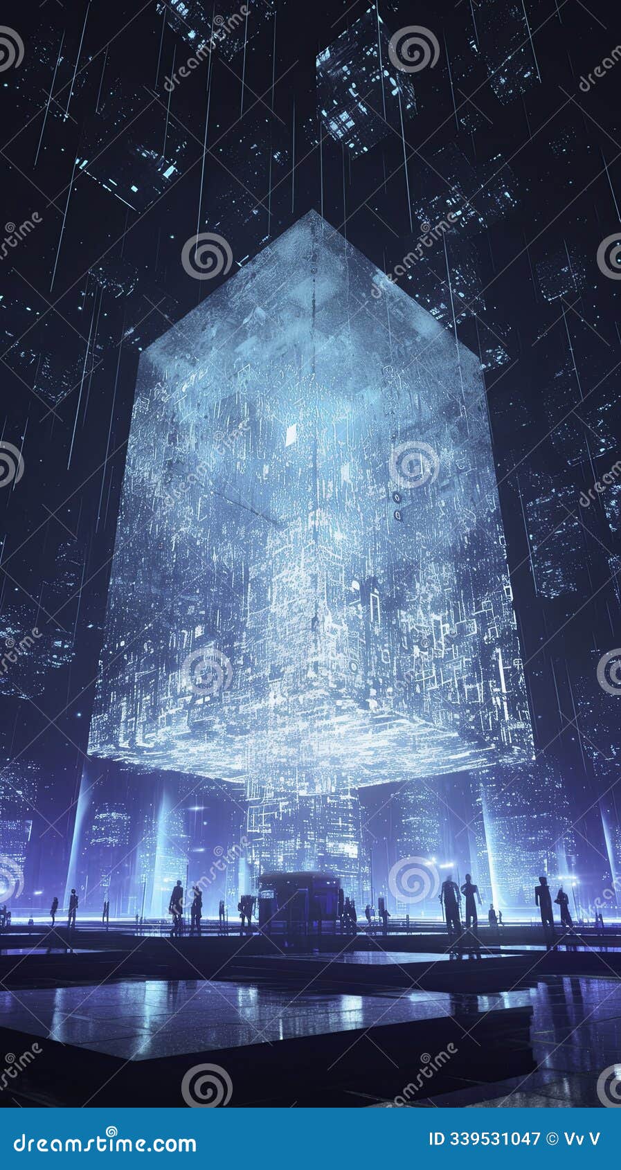 Futuristic Glowing Cube in a Digital Landscape Stock Image - Image of ...