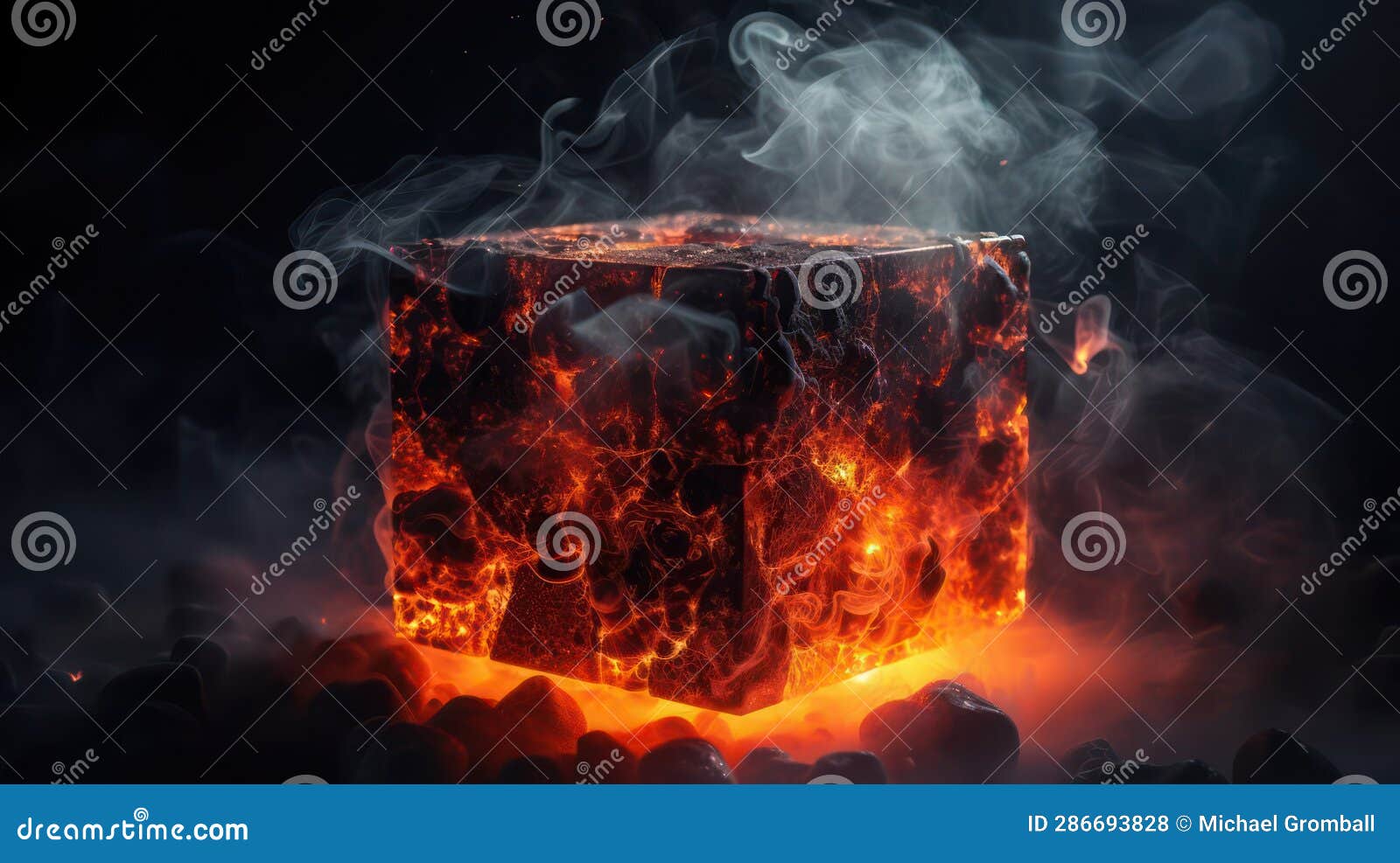 Futuristic Glowing Cube with Smoke and Heated Lava on Dark Background ...