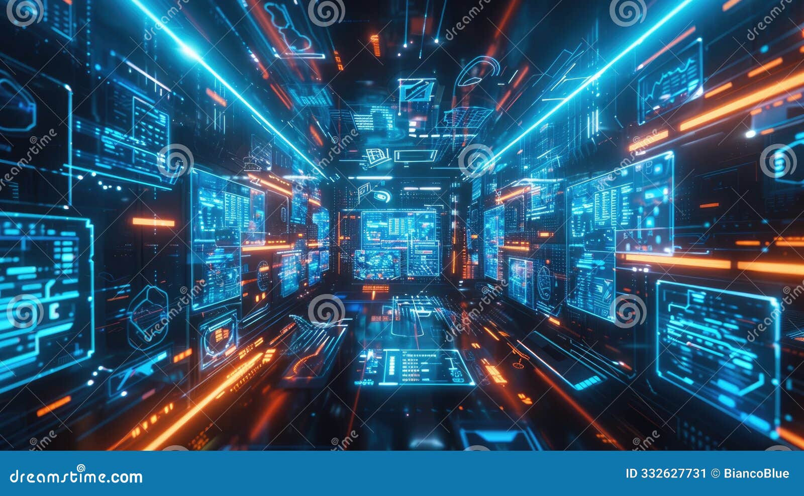 Futuristic Glowing Data Center Interior with Holographic Displays. Tech ...