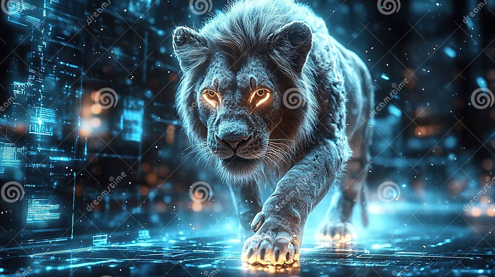 Futuristic Glowing Lion Walking on a Digital Surface Stock Illustration ...