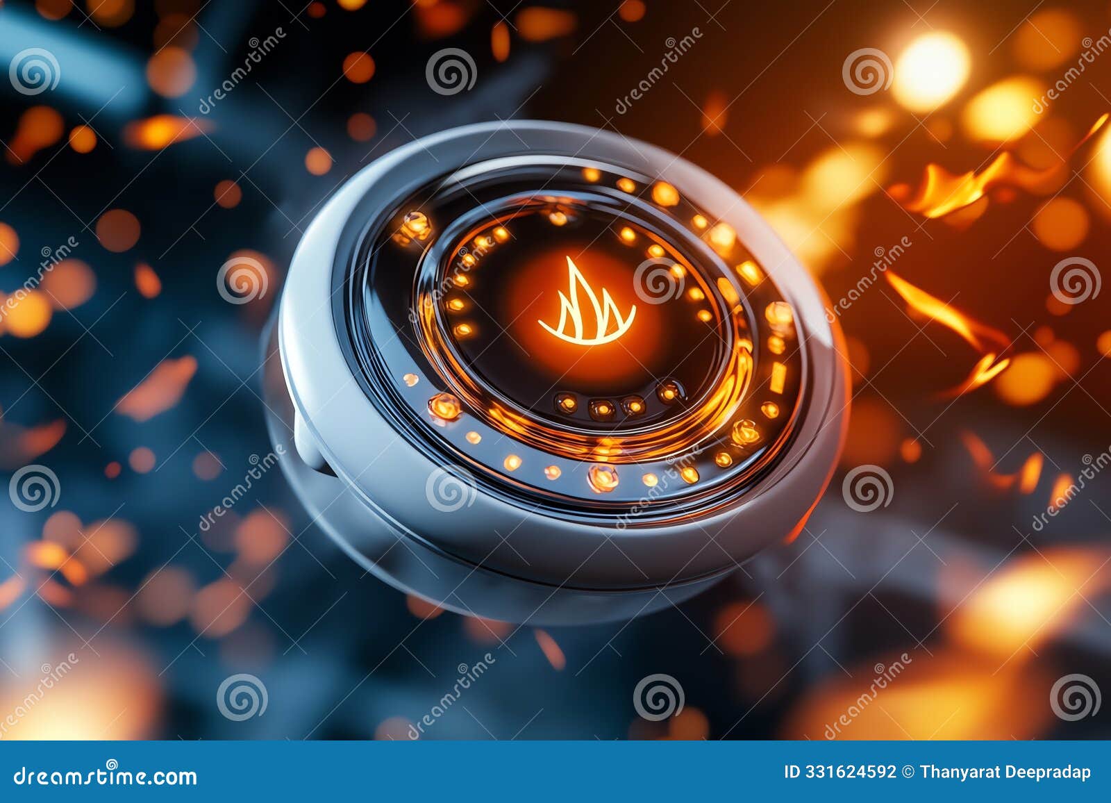 Futuristic Glowing Metallic Device with Intricate LED Lights and Fiery ...