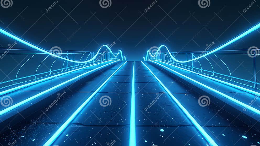Futuristic Glowing Neon Bridge, Digital Art Stock Image - Image of ...