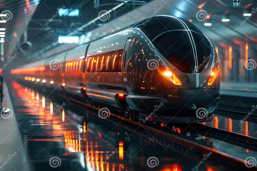 Futuristic Glowing Neon Train on Glossy Reflective Surface Stock ...