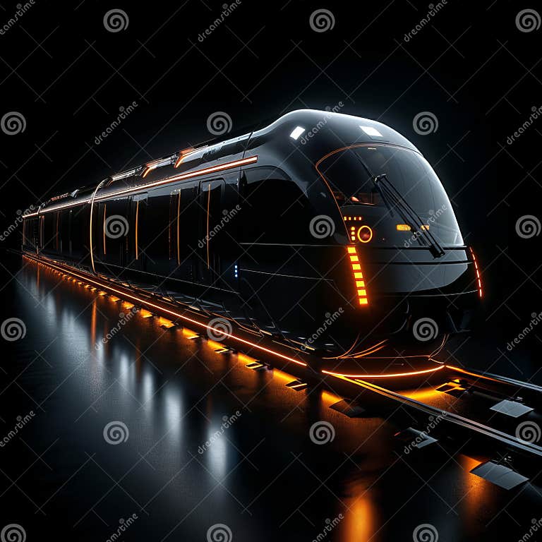 Futuristic Glowing Neon Train on Glossy Reflective Surface Stock ...