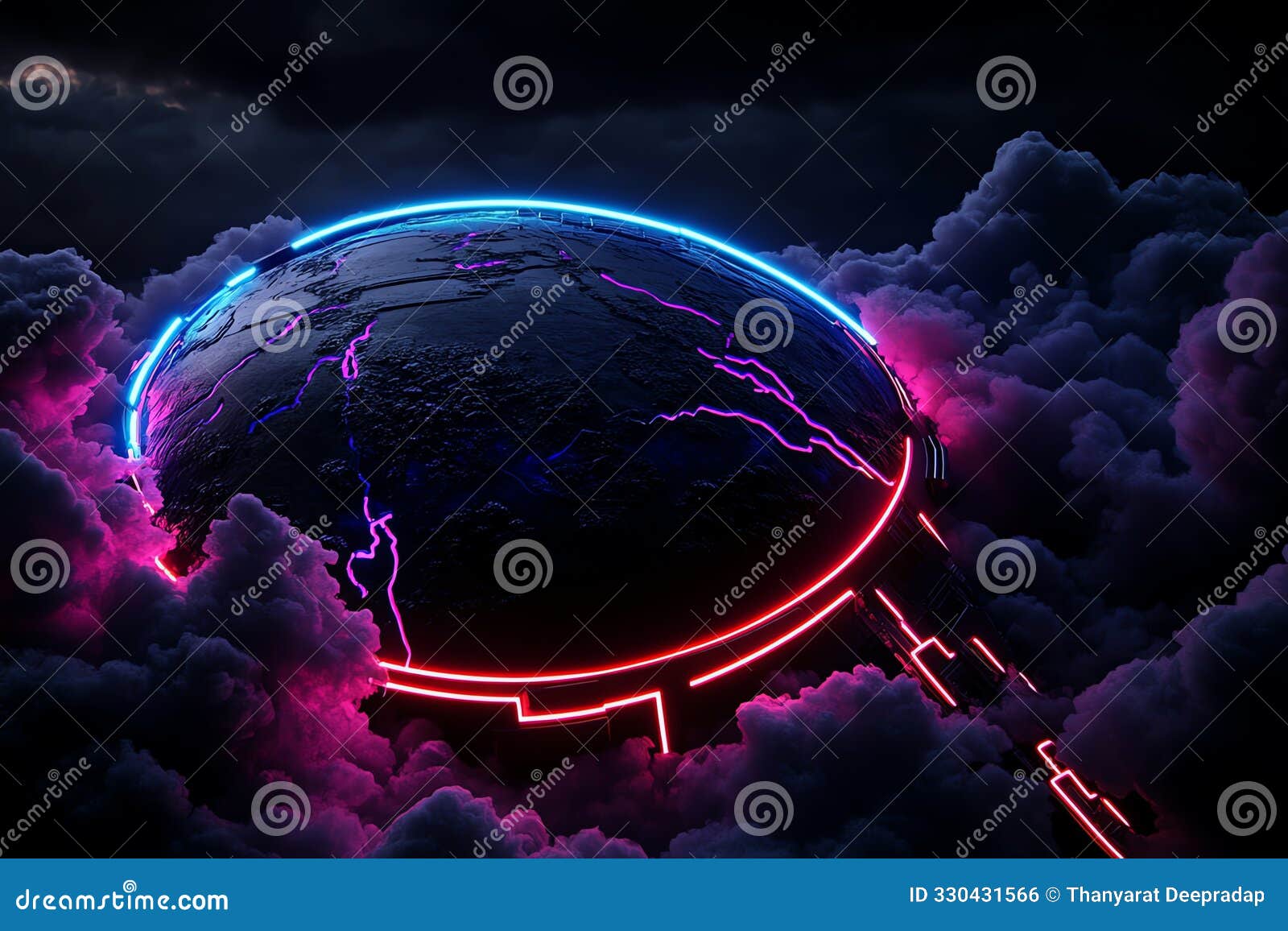 Futuristic Glowing Orb with Neon Lights Surrounded by Dark Clouds ...