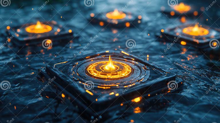 Futuristic Glowing Platforms on Water Surface at Night Stock ...