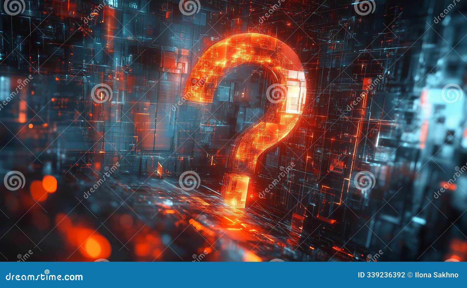 Futuristic Glowing Question Mark in Digital Grid Stock Illustration ...