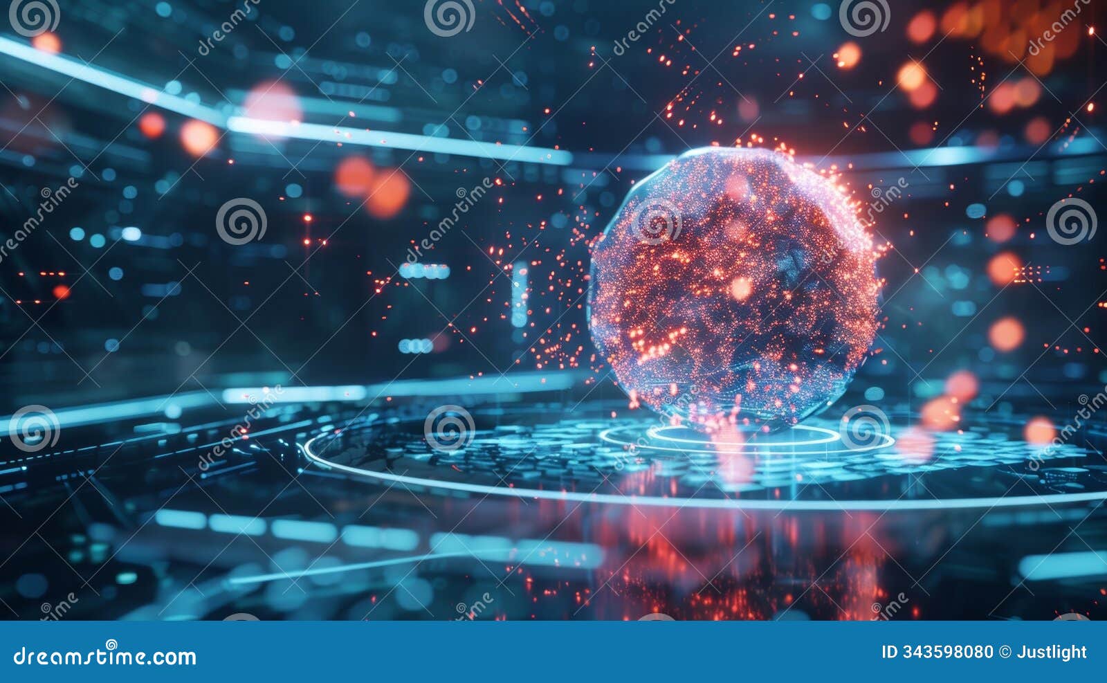 Futuristic Glowing Sphere Rotating on a Technological Platform in ...