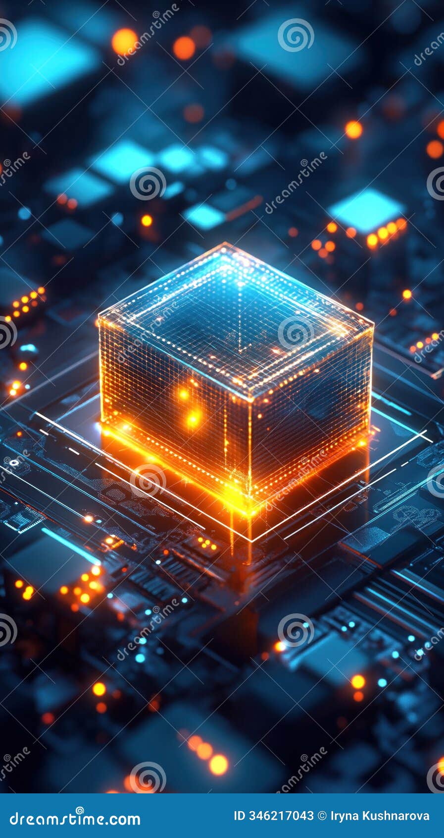 Futuristic Glowing Tech Cube Processor. Advanced Quantum Computing Chip. Powerful AI Tech. High ...