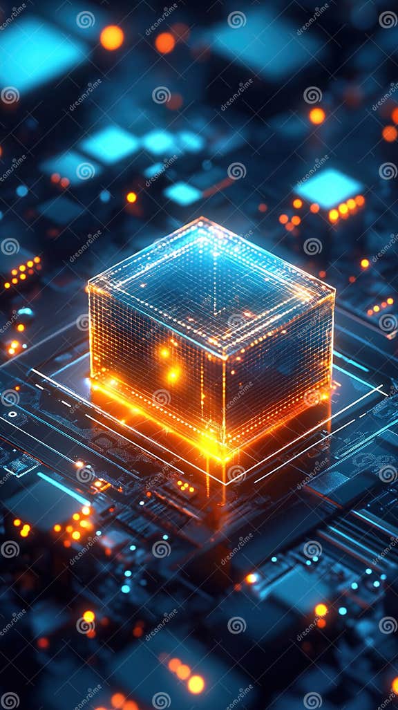 Futuristic Glowing Tech Cube Processor. Advanced Quantum Computing Chip. Powerful AI Tech. High ...