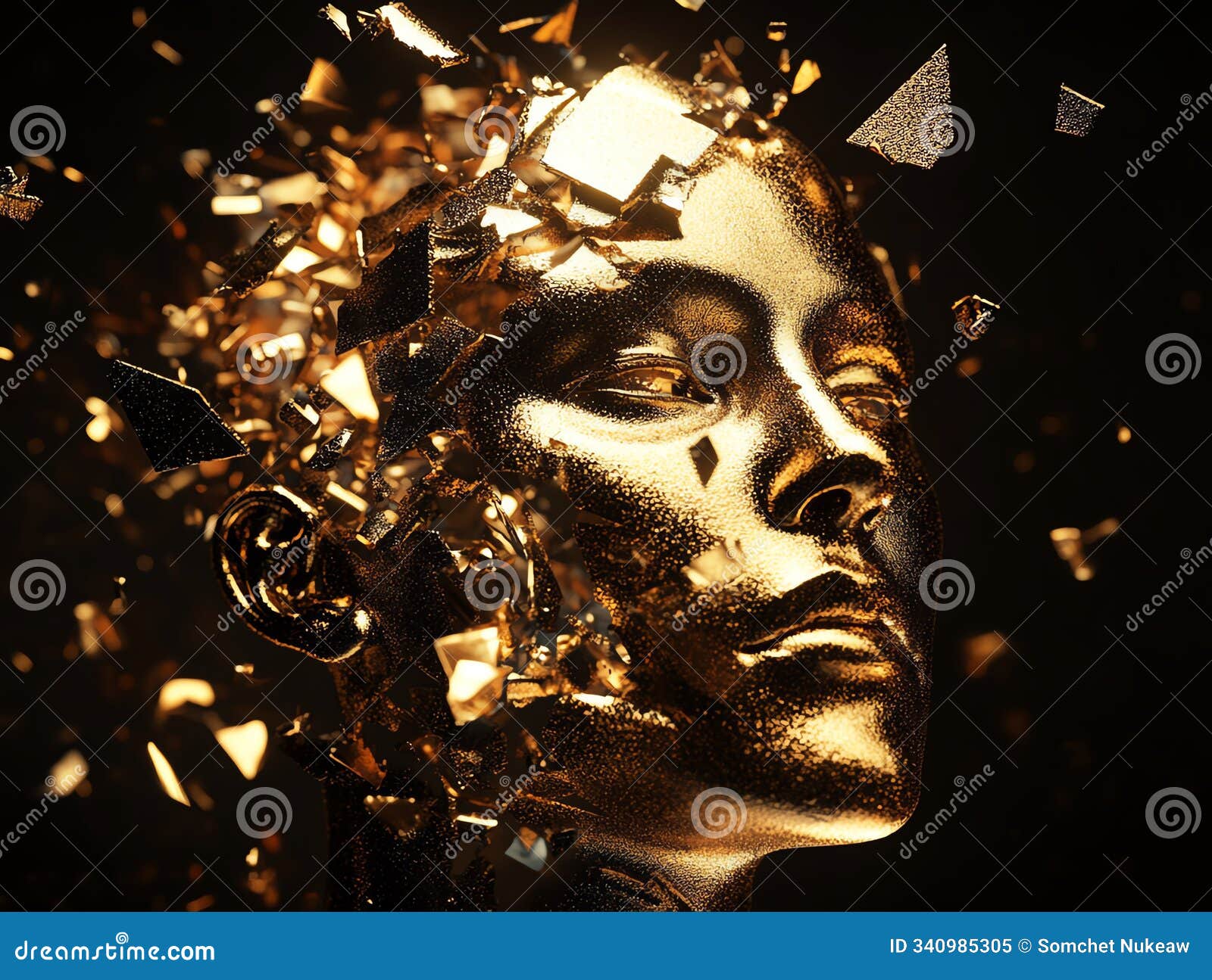 A Futuristic Gold Statue of a Human Head Disintegrating into Small ...