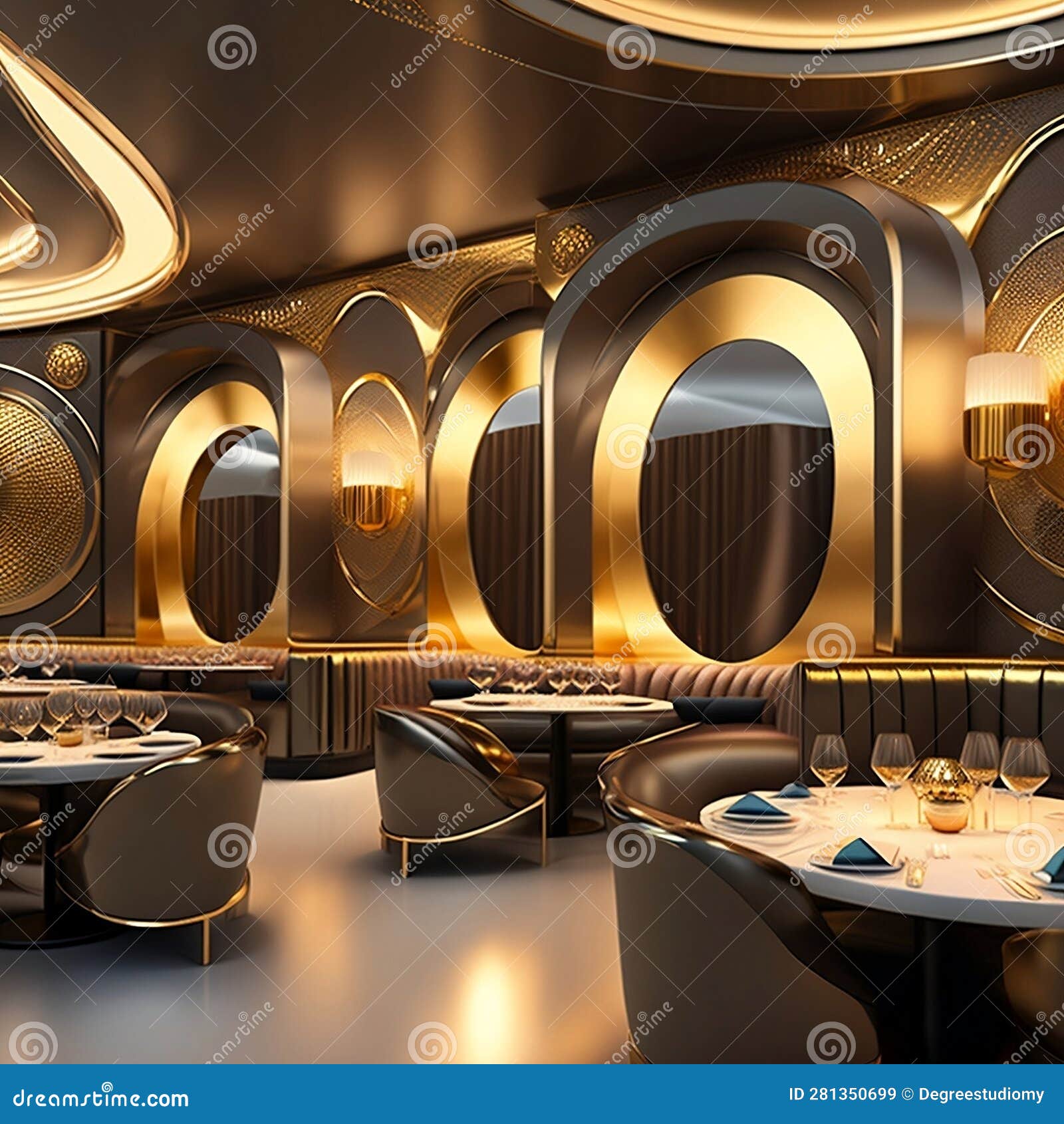 Futuristic Golden Luxury Restaurant Dining Layout Design Interior