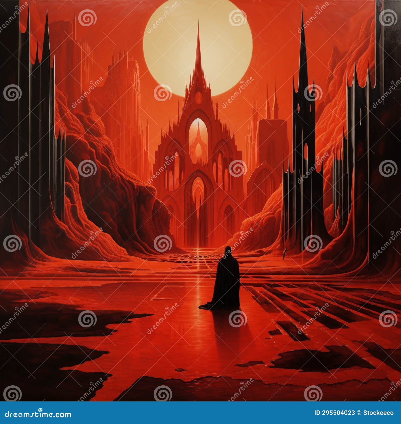 Futuristic Gothic Landscape Painting: Man and Bat in Front of Red ...