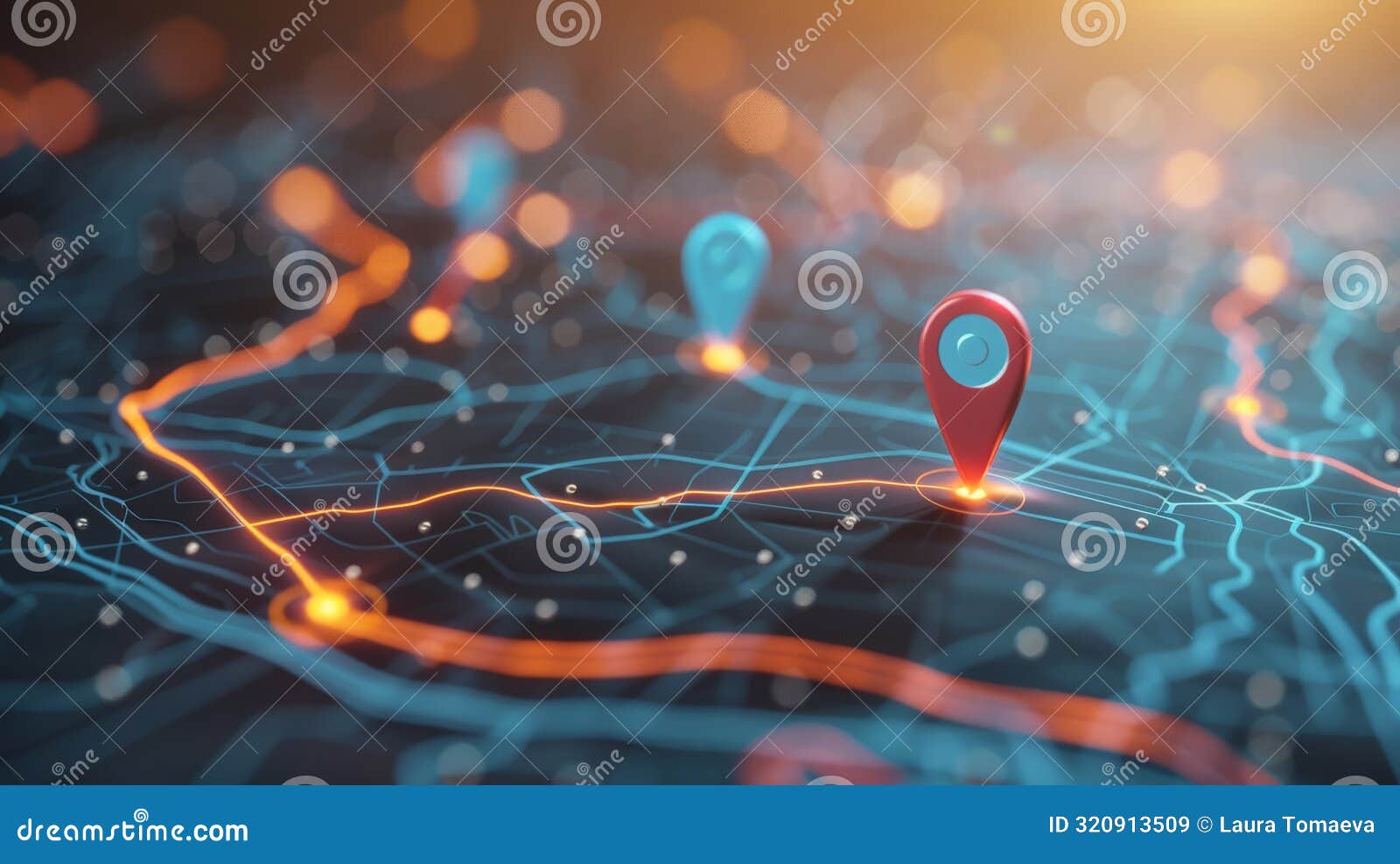 Futuristic GPS Navigation Map with Location Pins and Glowing Pathways ...
