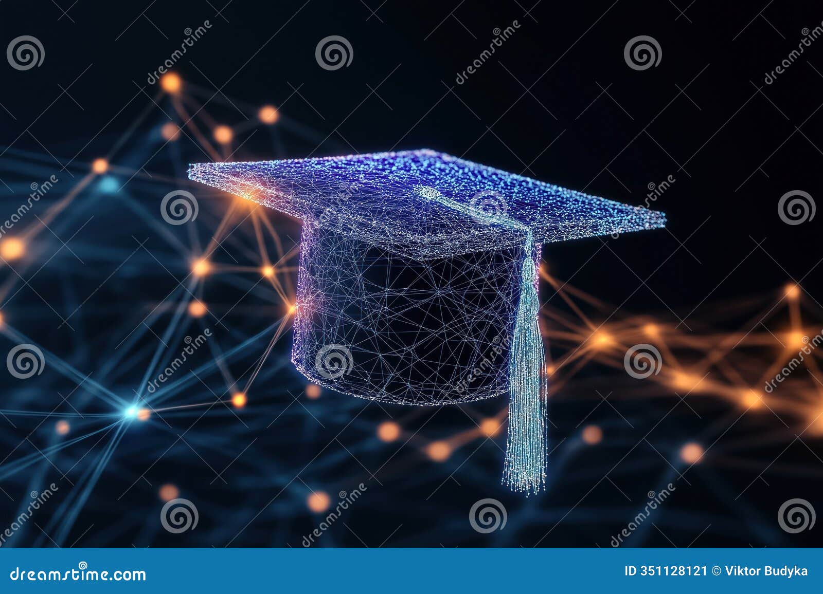 Futuristic Graduation Cap Glows with Tech Network. Digital Mortarboard ...